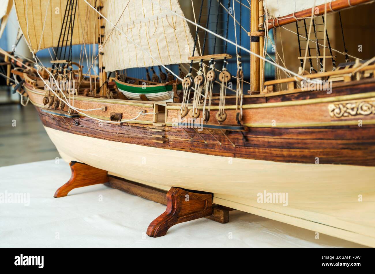 View of model of two-masted sailboat from the side of outboard gangway ...
