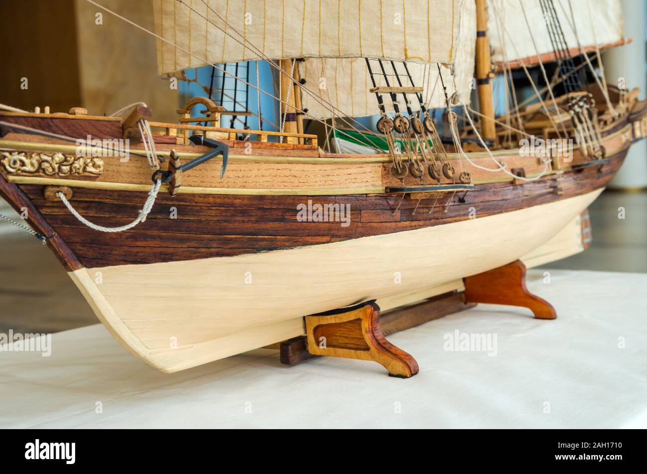 View of model of two-masted sailboat from the side of sea anchor Stock ...