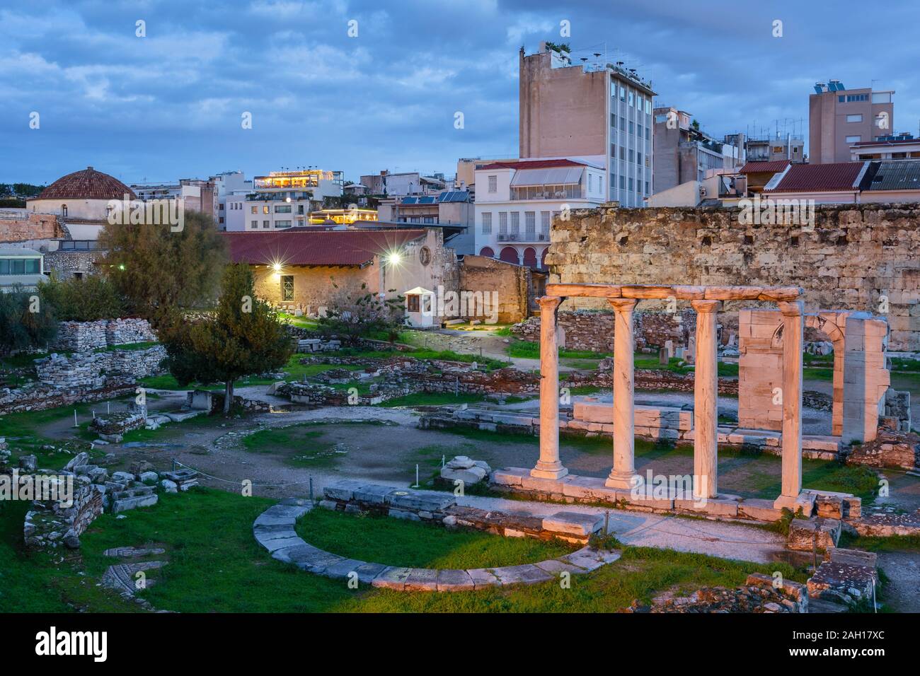 Remains of Hadrian's Library in the old town of Athens, Greece Stock ...