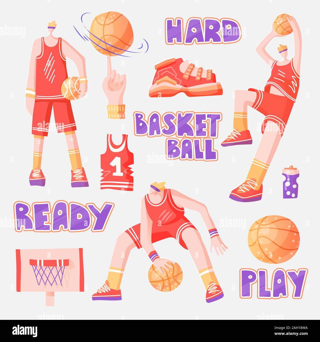 Vector flat set of basketball - basketball players, basket, ball ...