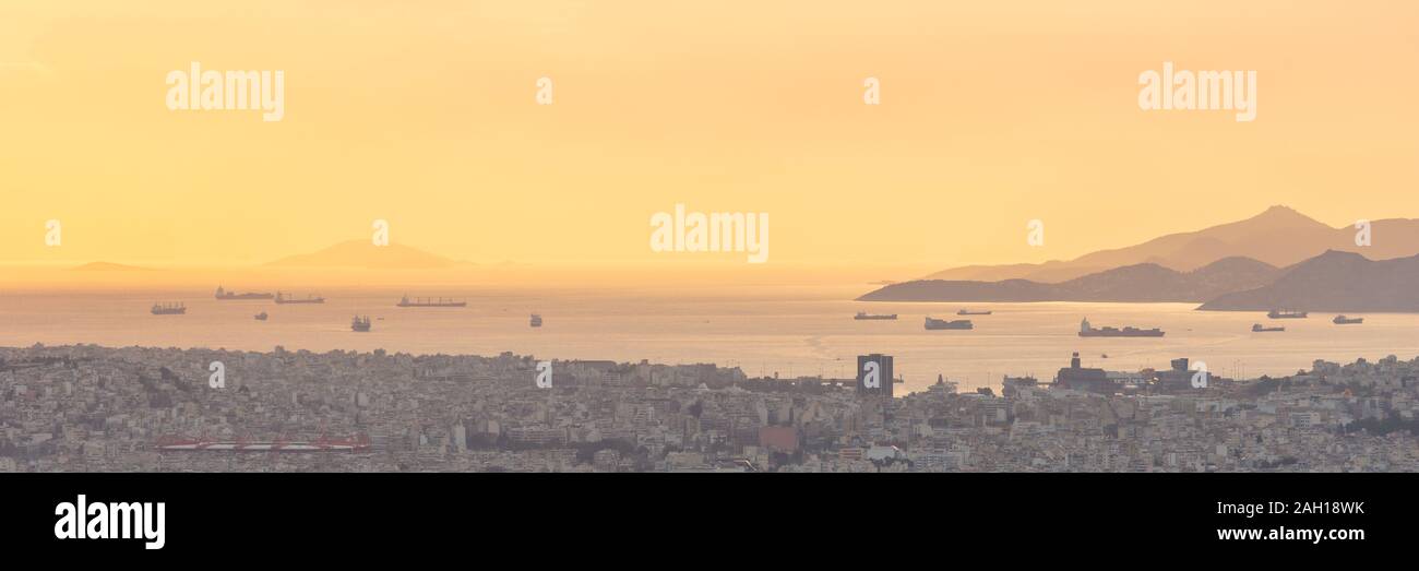 View of Athens, port of Piraeus and Salamina island from Lycabettus ...