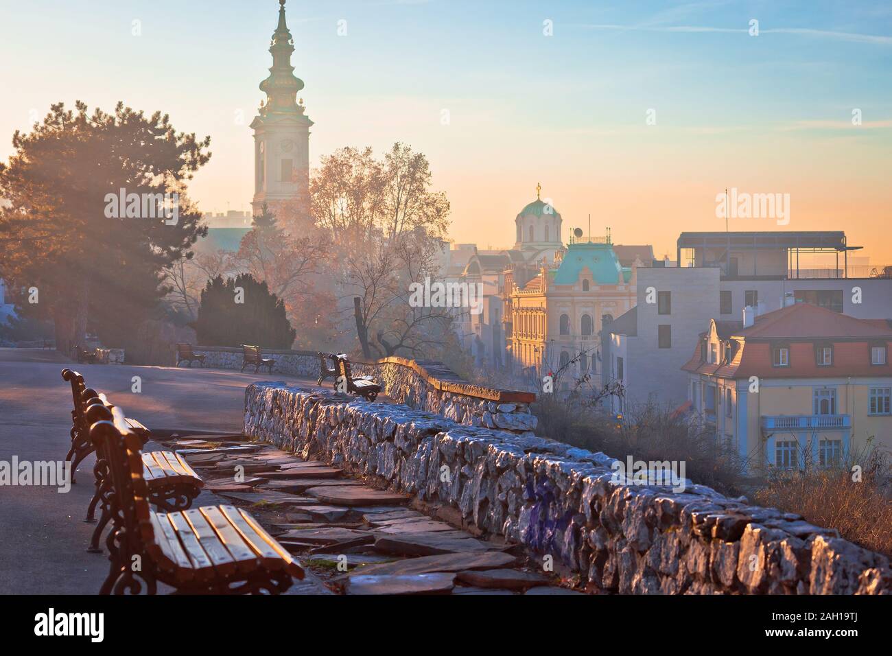Belgrade. View from Kalemegdan walkway on old city landmarks, morning ...