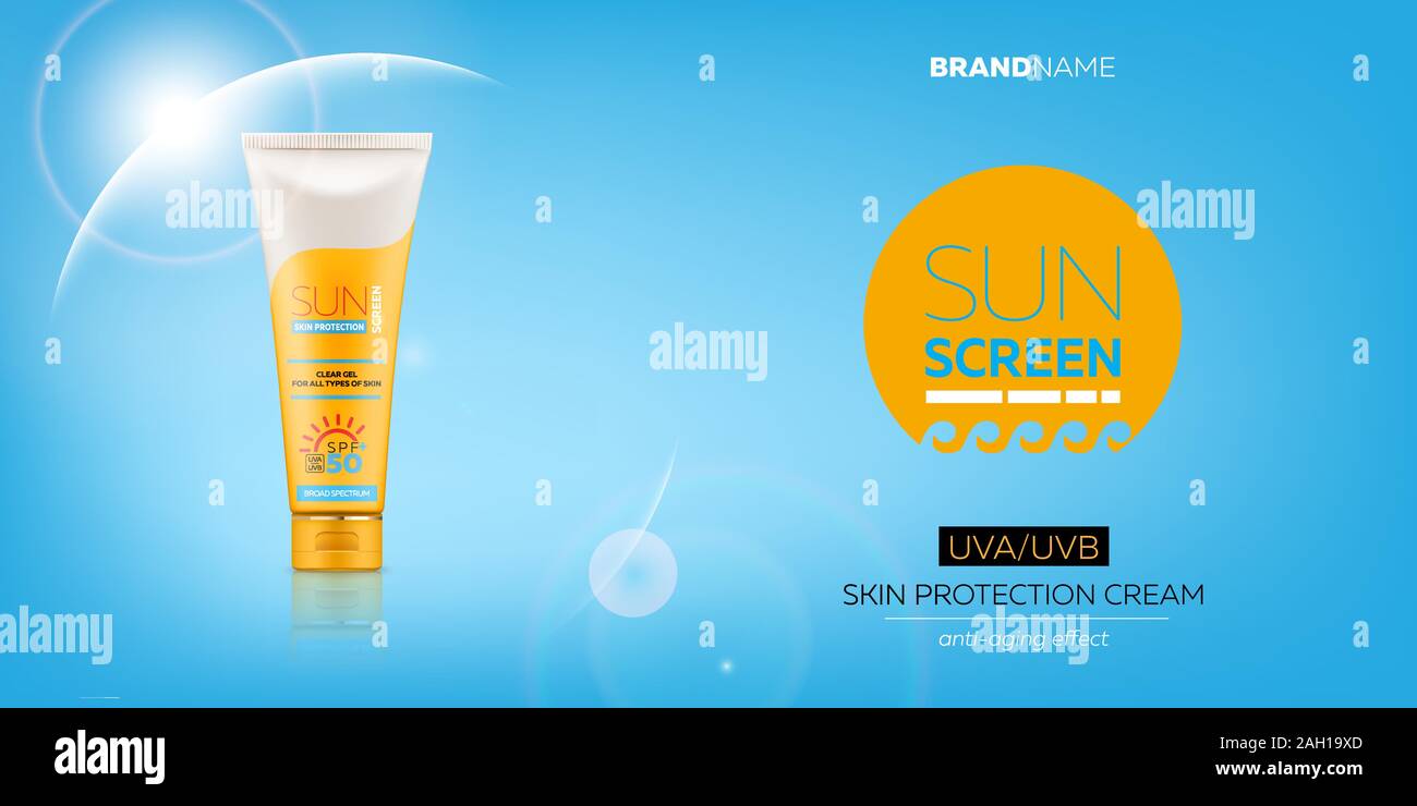 Sunscreen cream advertising banner with realistic 3d tube, bottle and ...