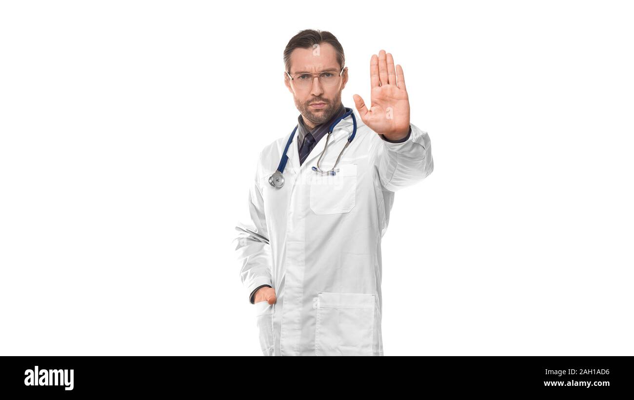 Doctor with stethoscope showing stop gesture. Doctor showing stop sign ...