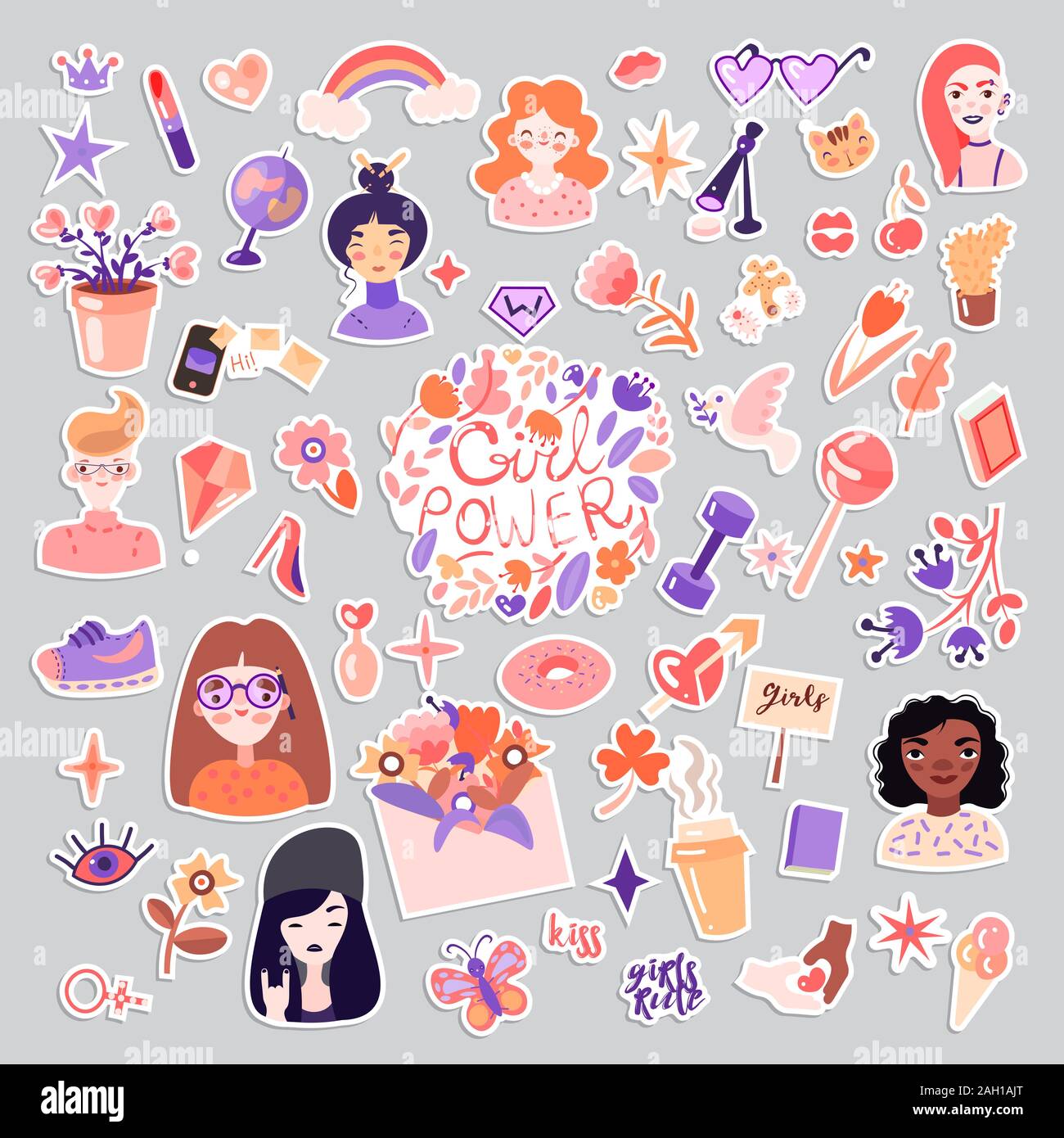 Feminist and cute girl power sticker illustration set. Girls portraits ...