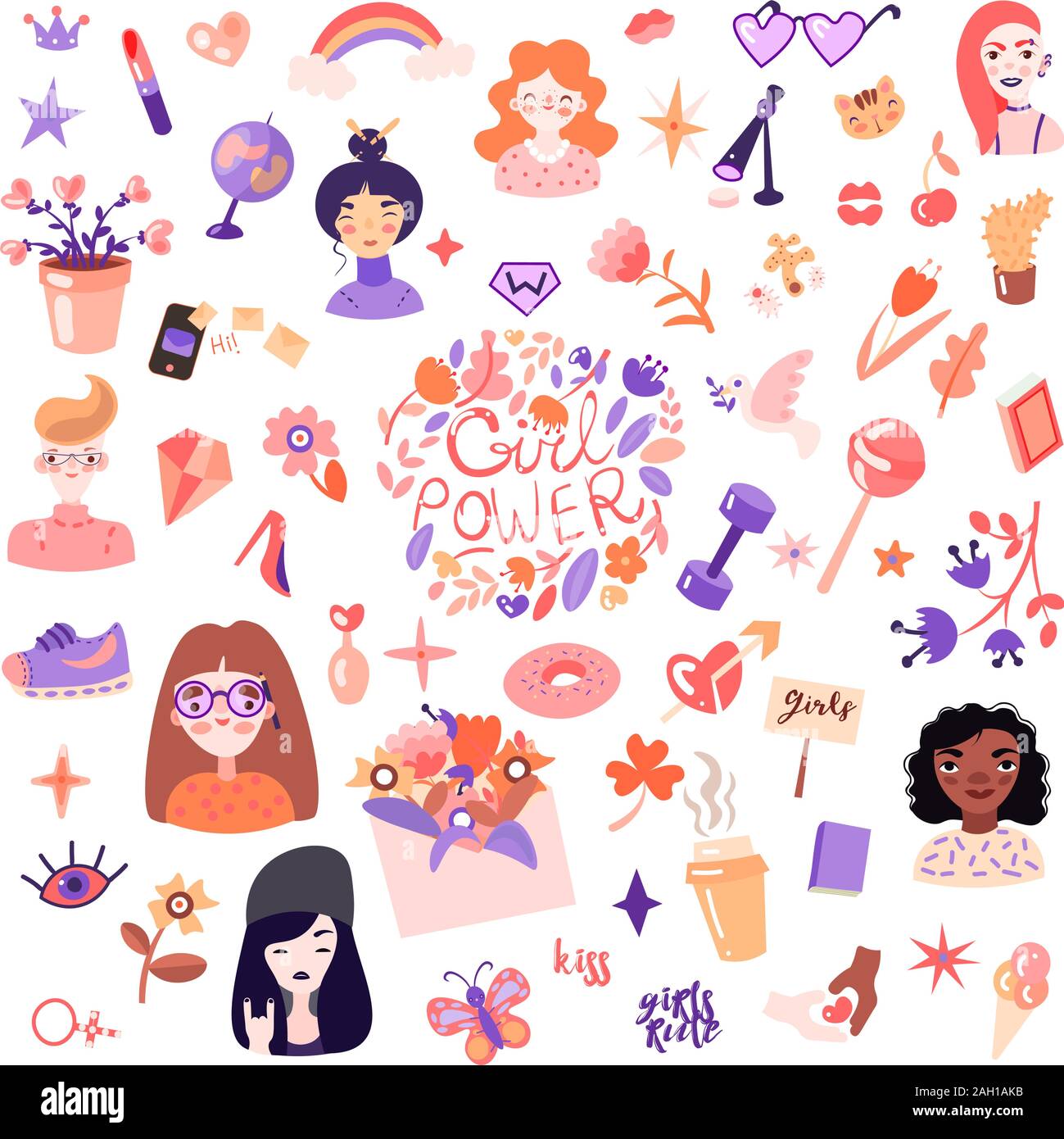 Feminist and cute girl power illustration set. Girls portraits, flowers ...