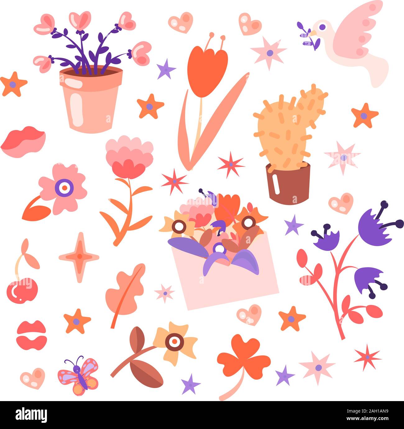 Cute cartoon flower collection, girly style. Flowers, leaves, cute ...