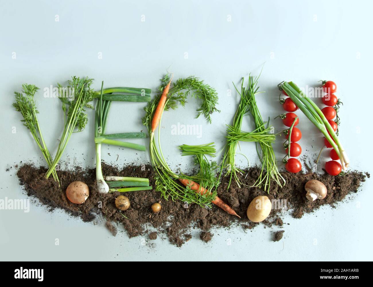 Vegan letters made from organic fruits and vegetables growing in a ...