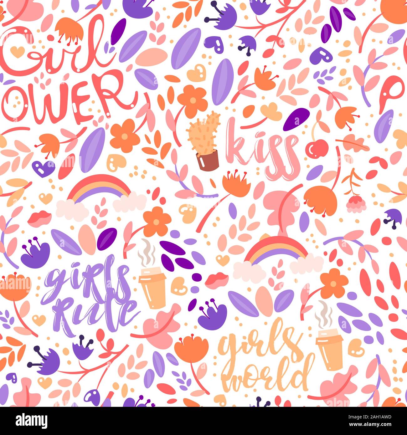 Cute cartoon feministic and floral seamless pattern with girl power and ...