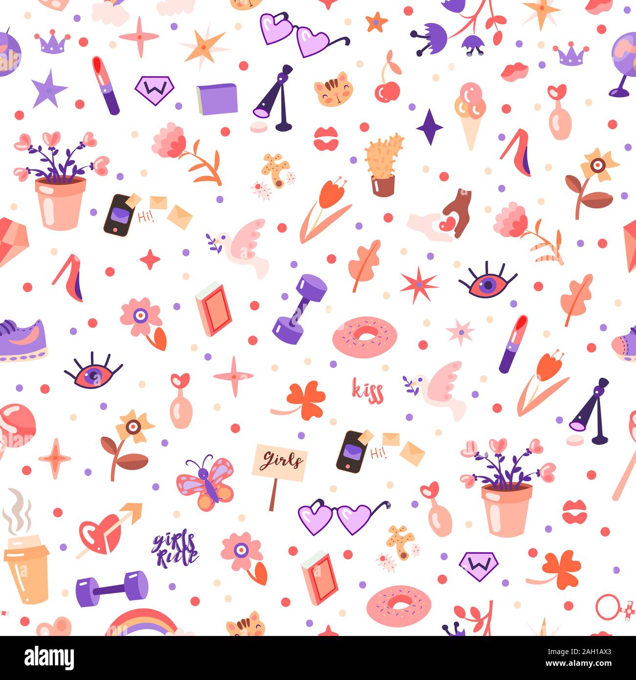 Cute cartoon feministic seamless pattern with girl power and girls ...