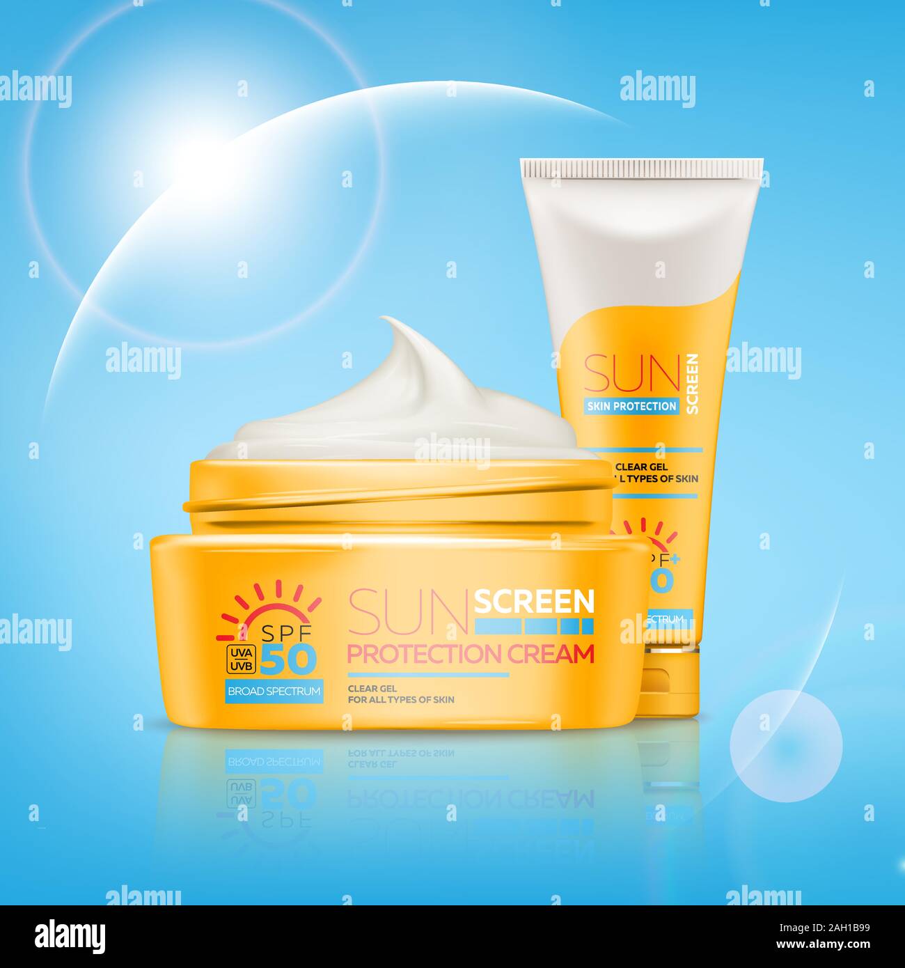 Sunscreen cream advertising banner with realistic 3d tube, bottle and ...