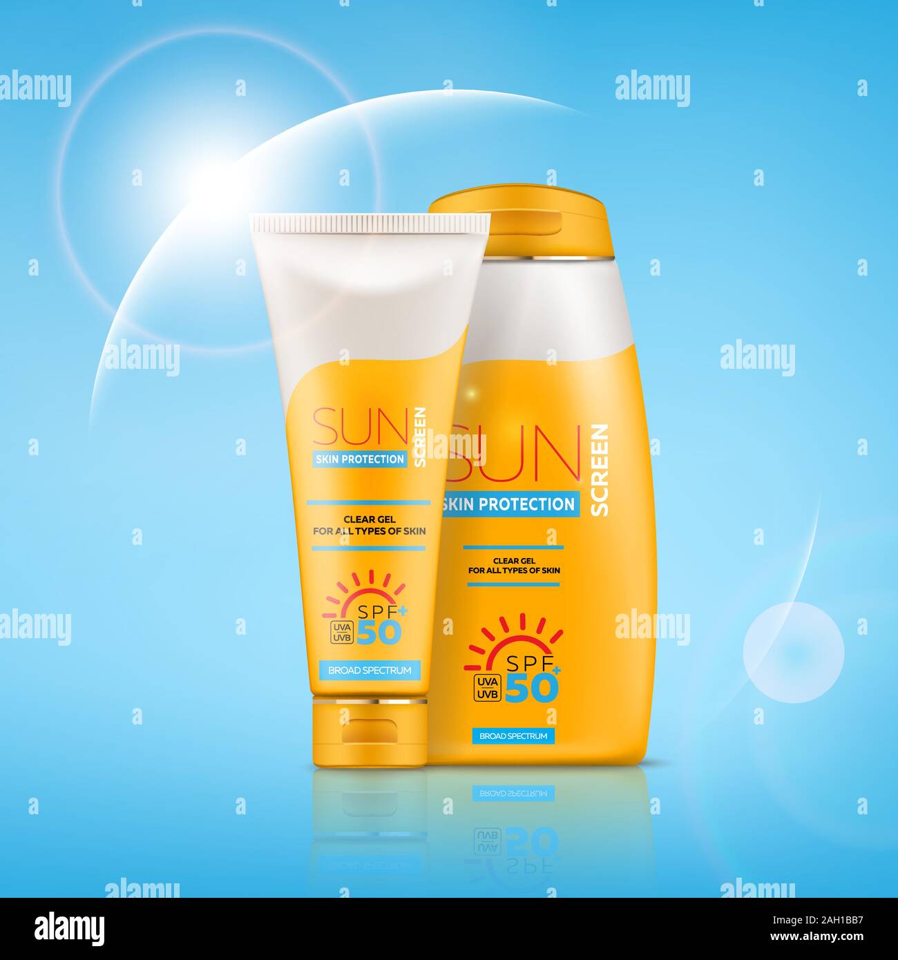 Sunscreen cream advertising banner with realistic 3d tube, bottle and ...