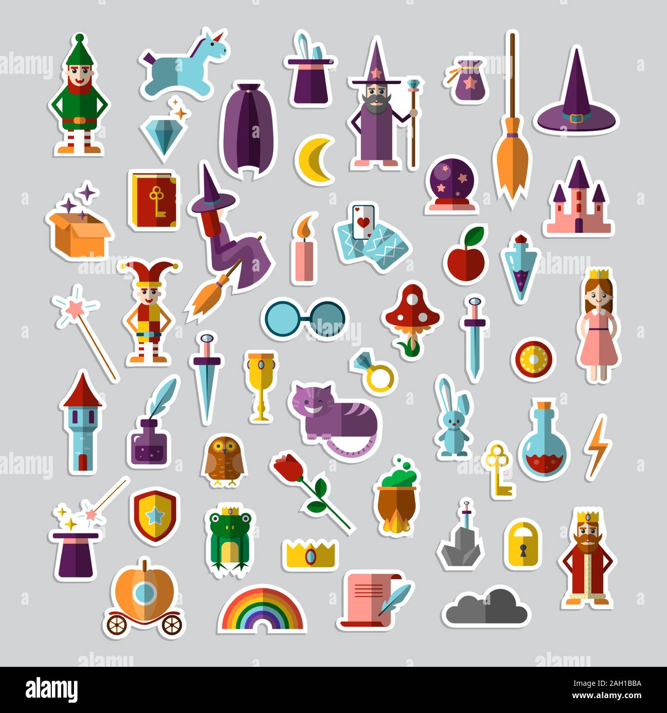 Flat vector set of fabulous magical halloween stickers. Book, magic ...