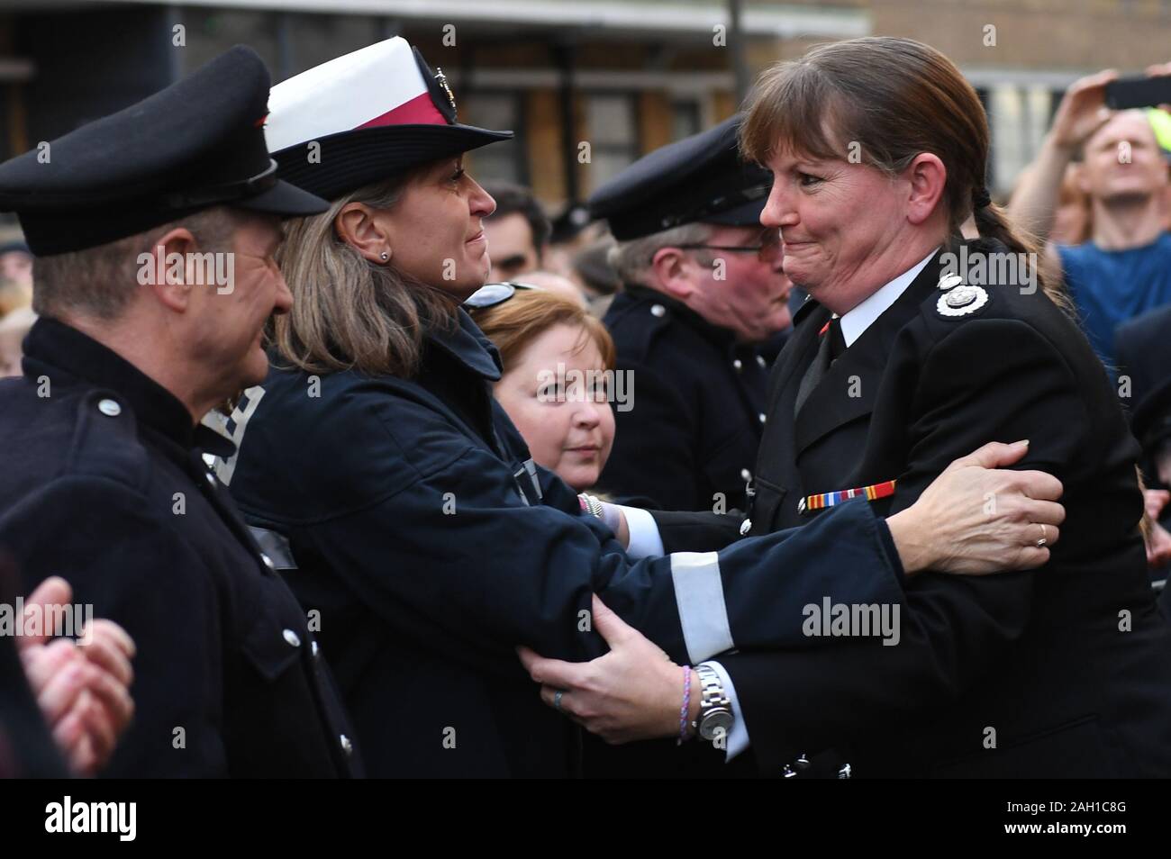 London Fire Brigade (LFB) Commissioner Dany Cotton (right) is greeted ...