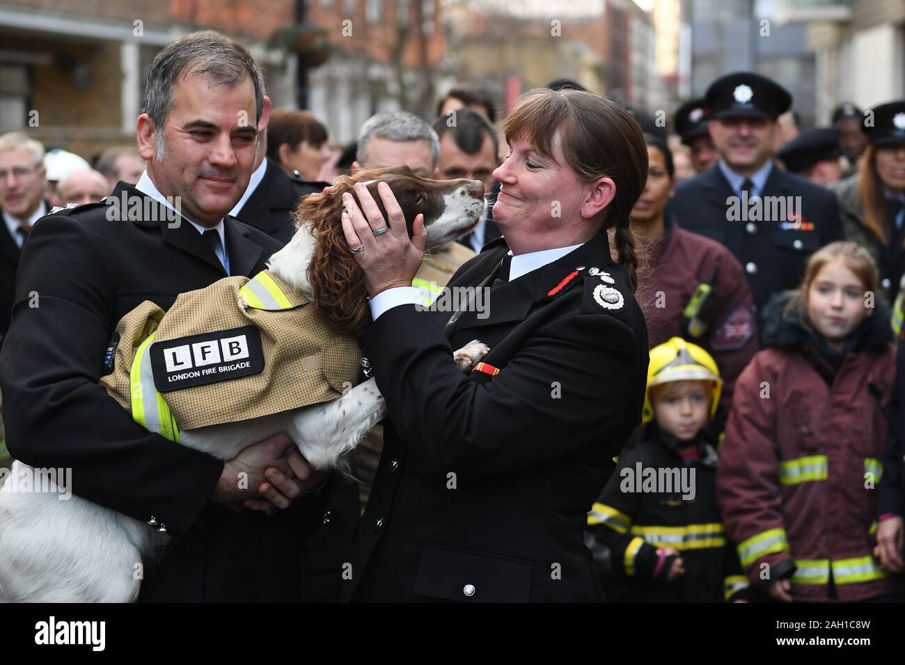 London Fire Brigade (LFB) Commissioner Dany Cotton (right) is greeted ...