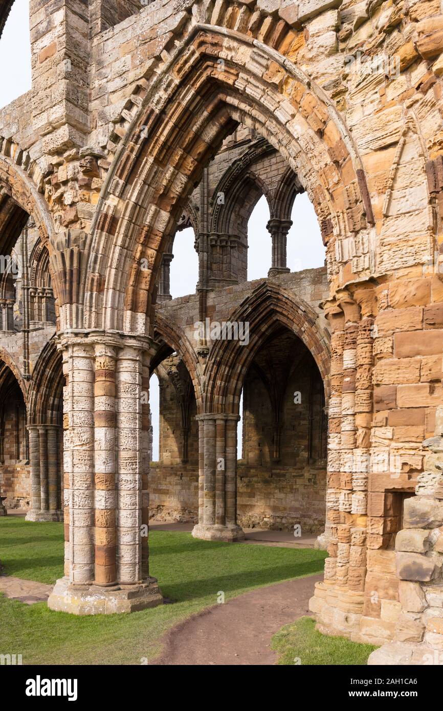 Whitby Abbey, overlooking the North Sea on the East Cliff above Whitby ...