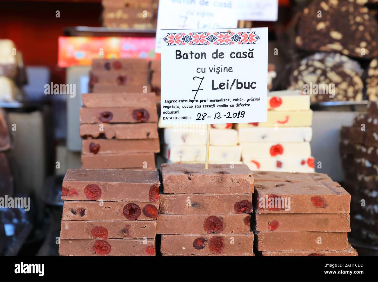 Traditional sweets for sale on stalls on the Christmas market in Piata ...