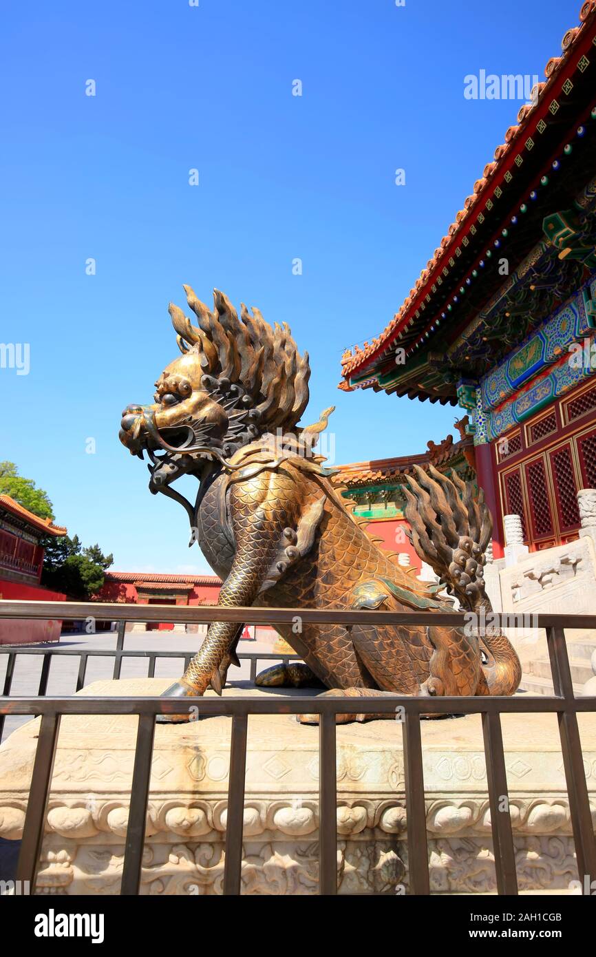 Copper lion of the imperial palace in Beijing, China Stock Photo - Alamy