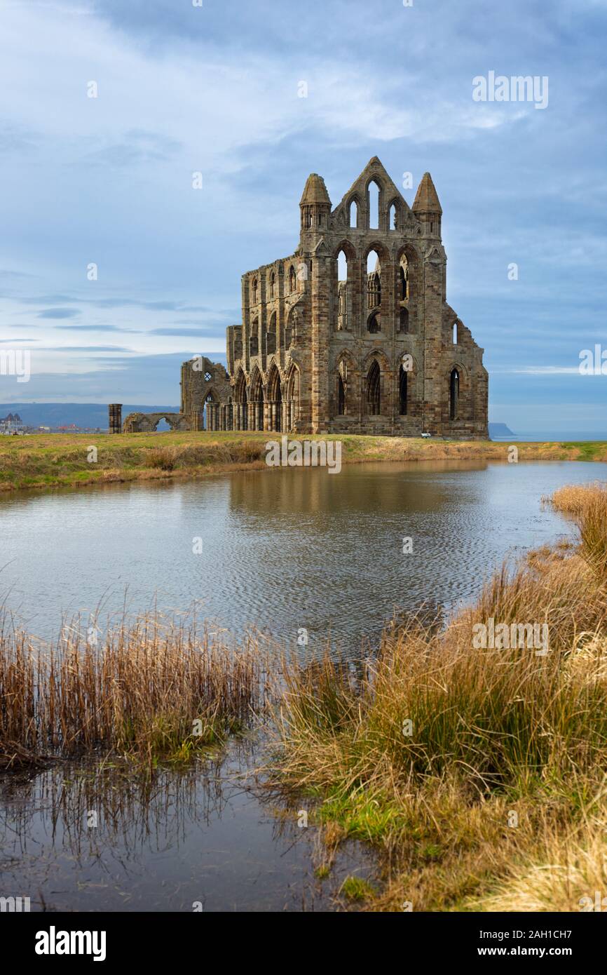 Whitby Abbey, overlooking the North Sea on the East Cliff above Whitby ...