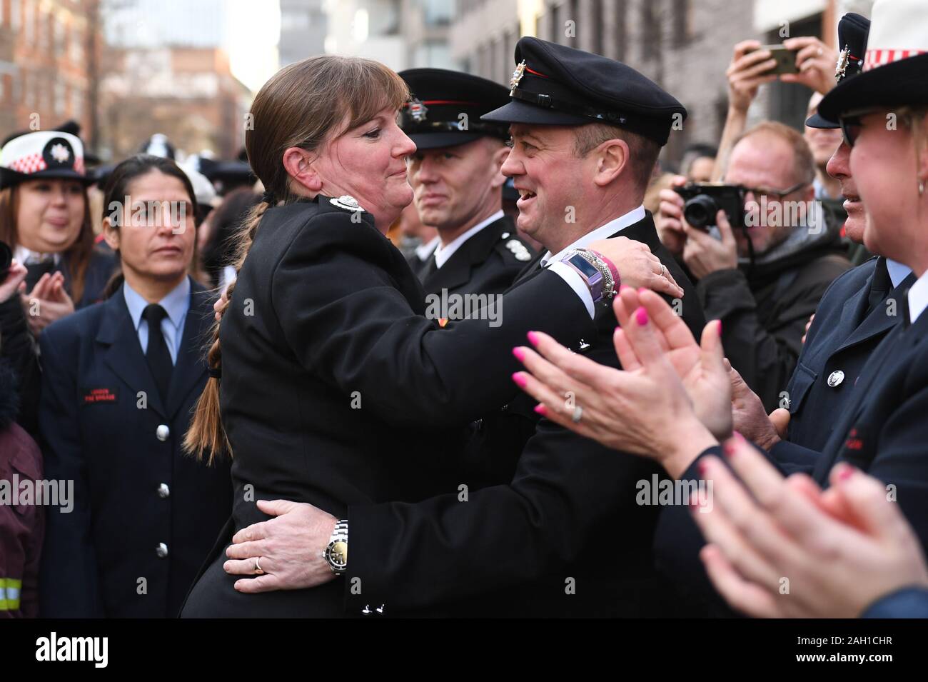 London Fire Brigade (LFB) Commissioner Dany Cotton is greeted by ...