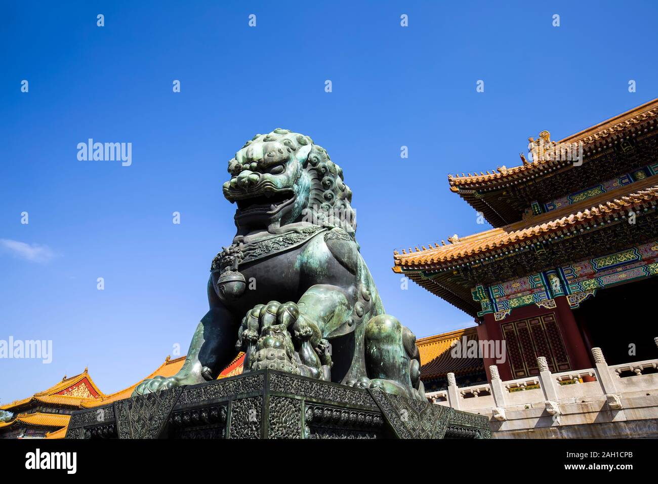 Copper lion of the imperial palace in Beijing, China Stock Photo - Alamy