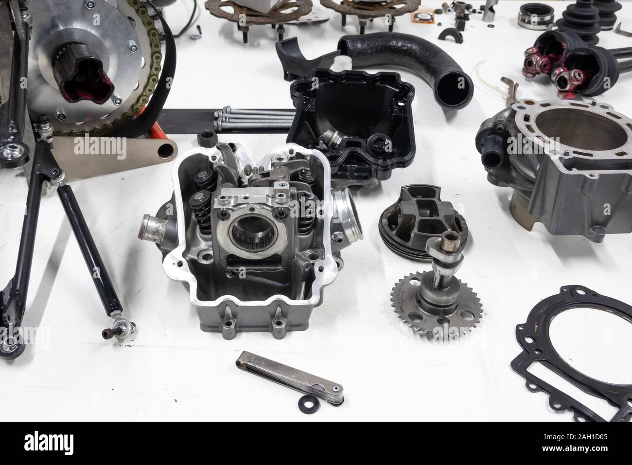 Sports car engine parts on the table. Assembling of vehicle engine. Car ...