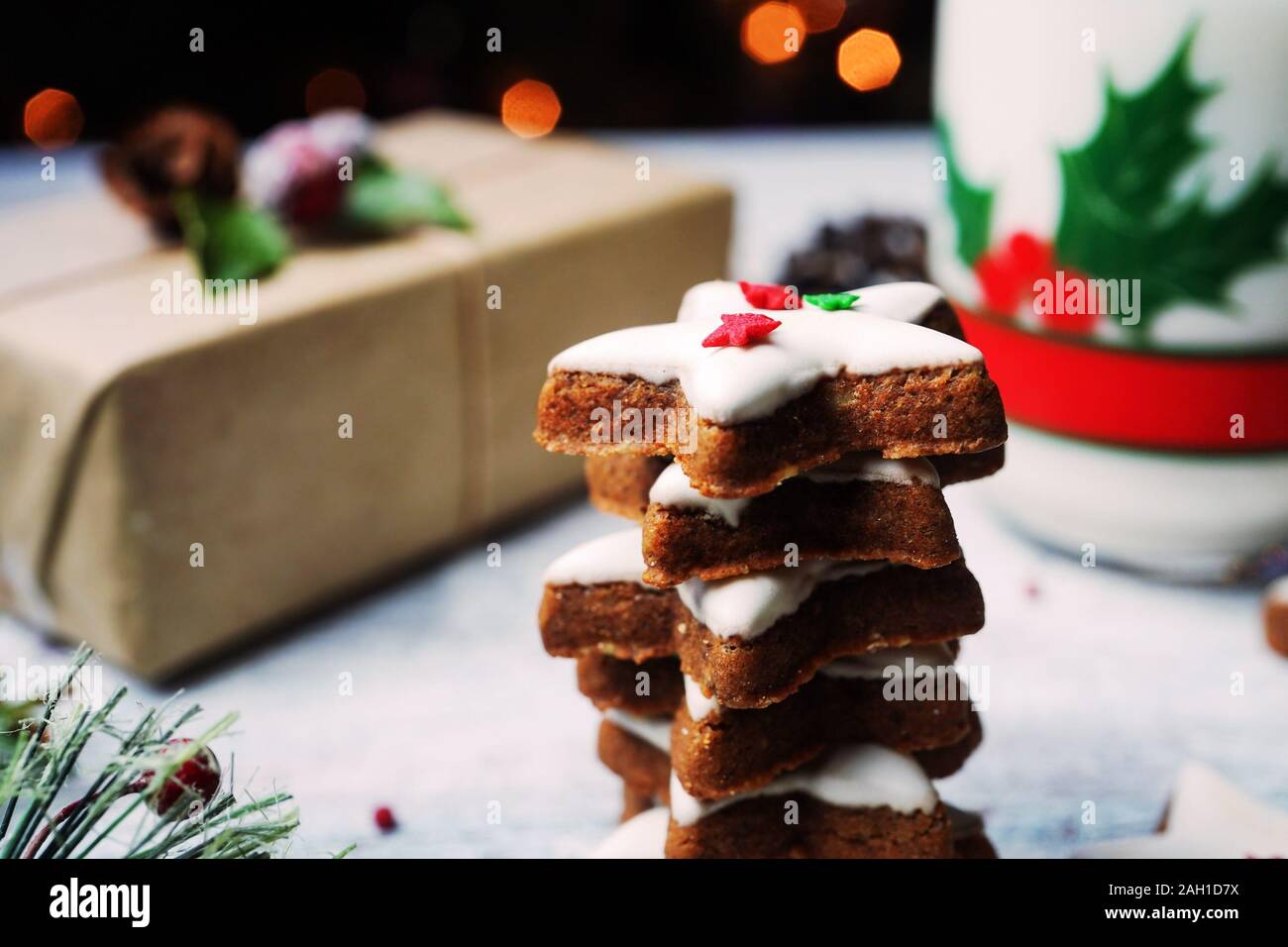 Christmas frosted star cookies on festive holiday background Stock ...