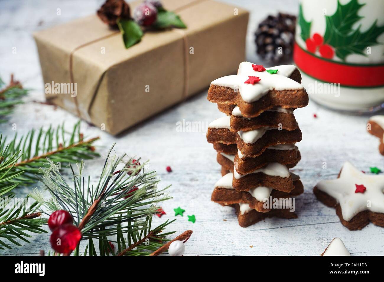 Christmas frosted star cookies on festive holiday background Stock ...