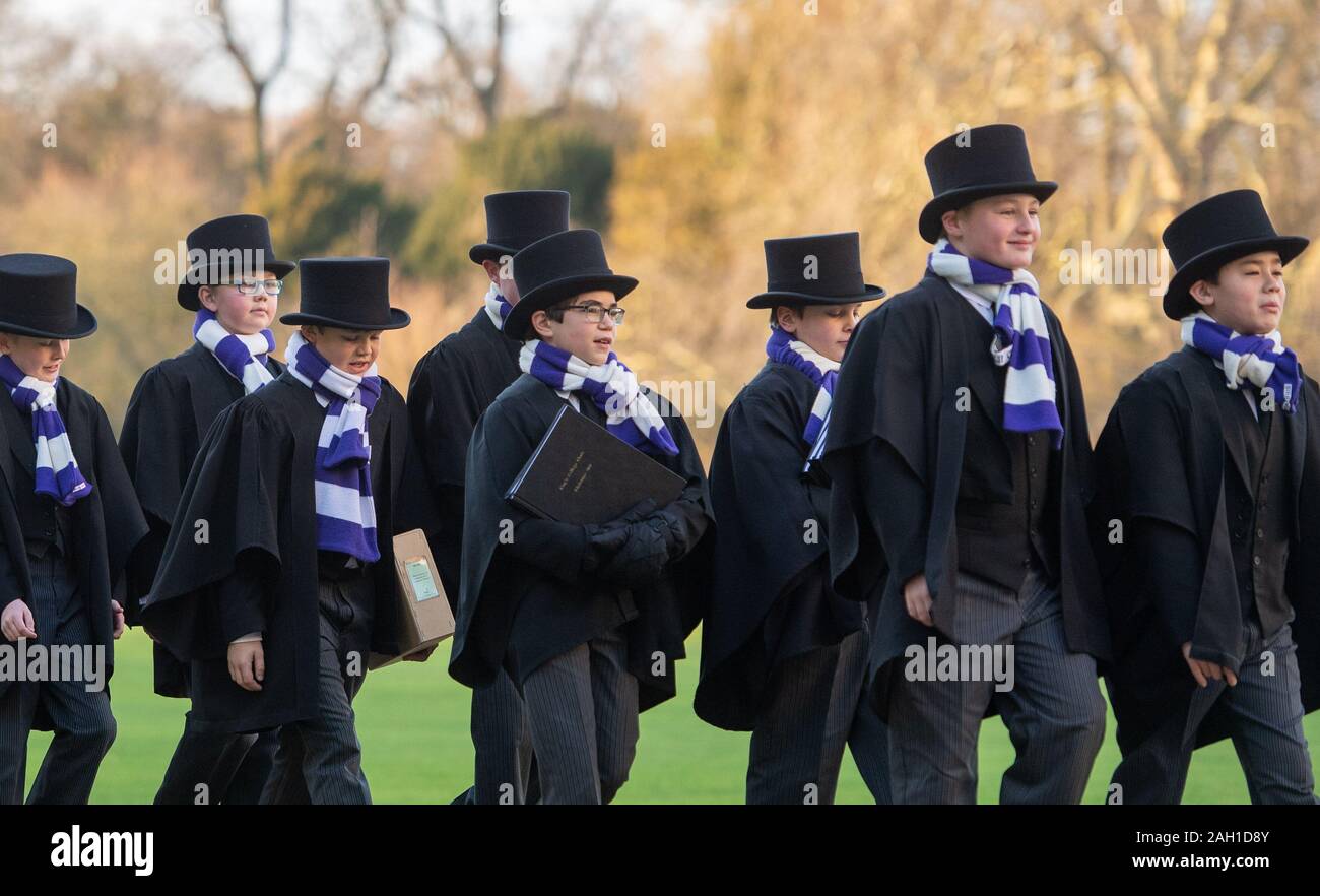 Choristers from the Choir of King's College on their way to a final rehearsal at King's College ...