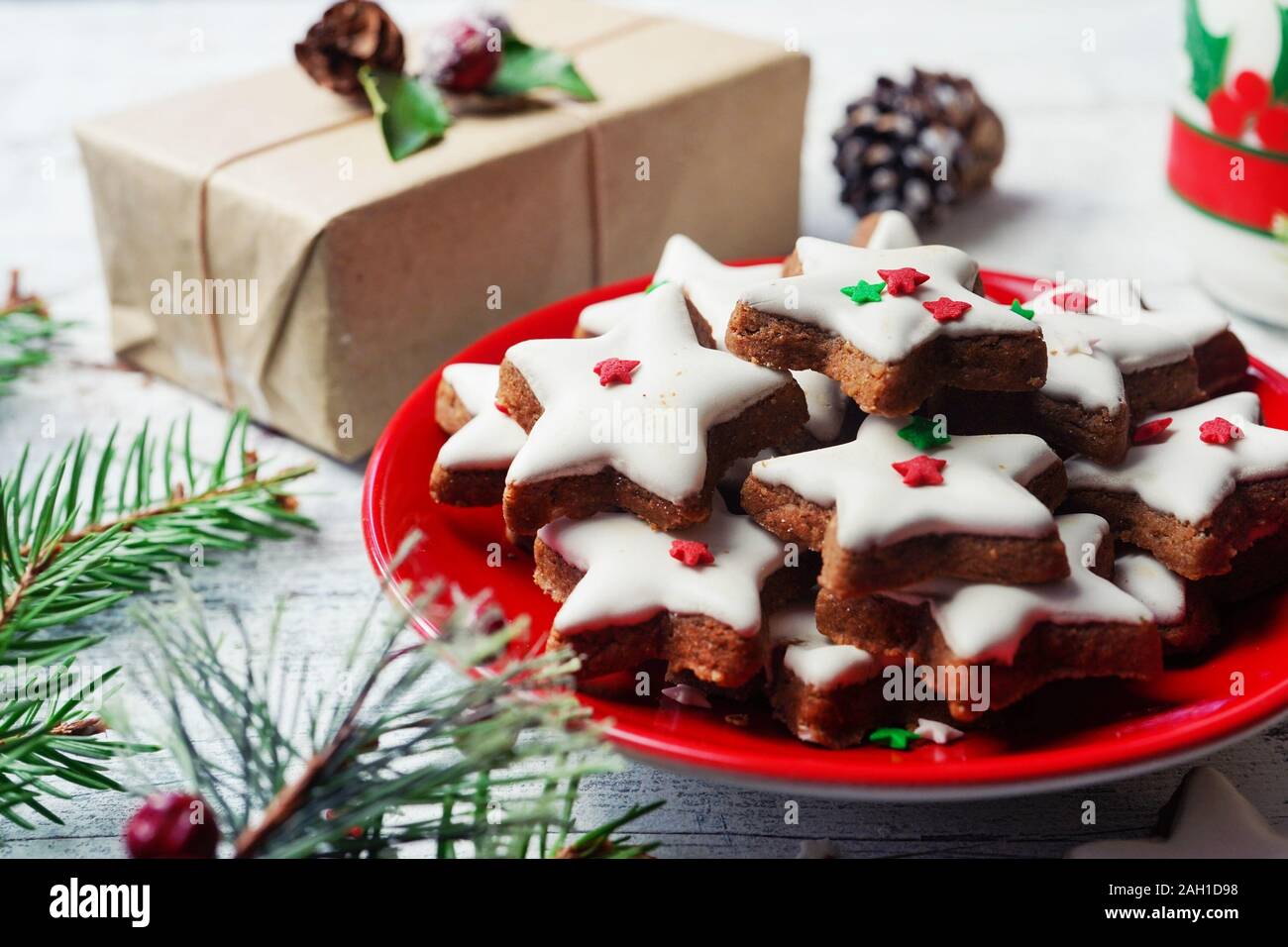 Christmas frosted star cookies on festive holiday background Stock ...