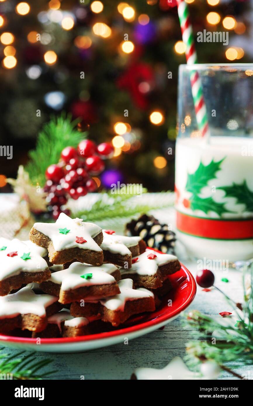 Christmas frosted star cookies on festive holiday background Stock ...