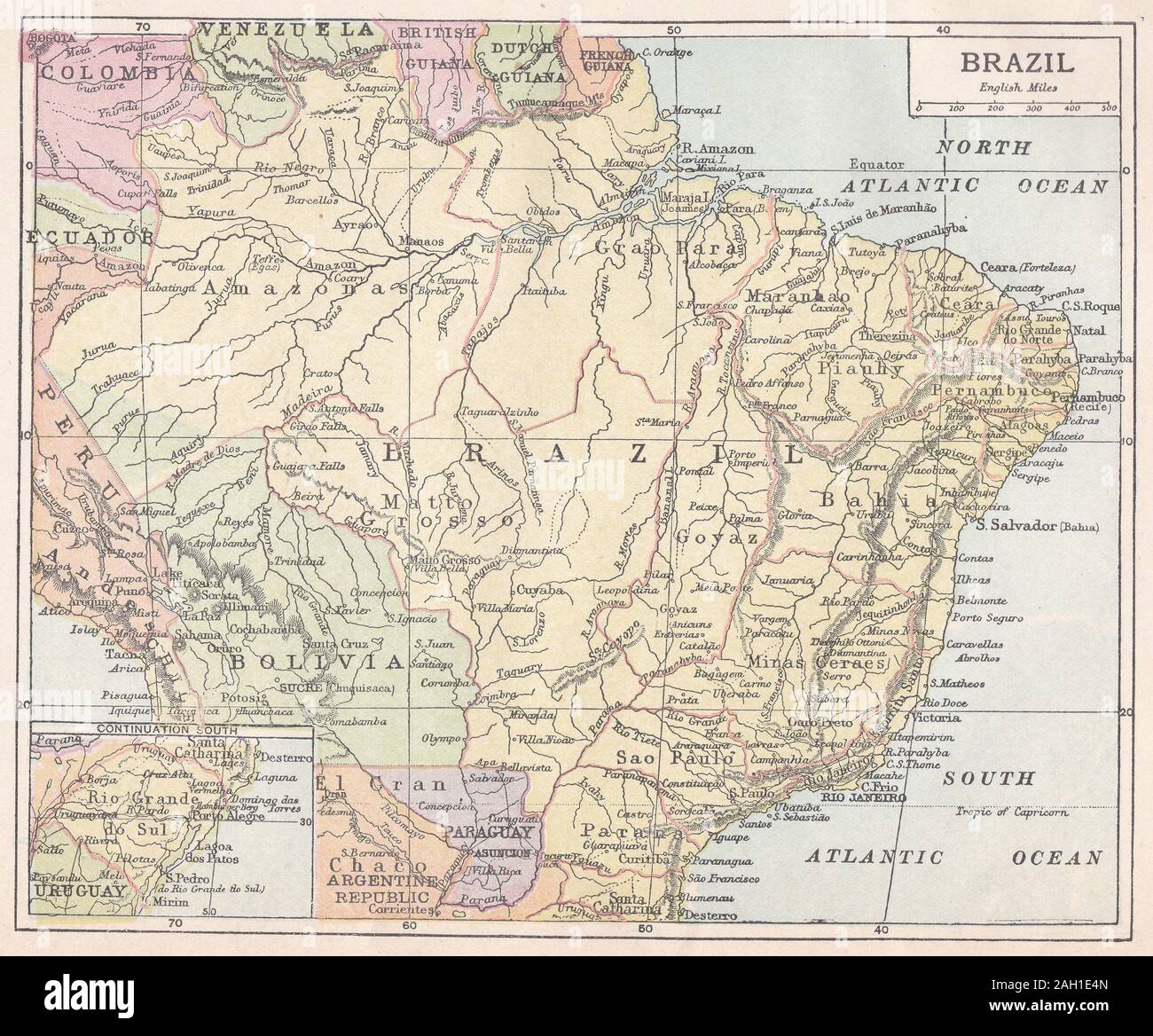 Vintage colour map of Brazil Stock Photo - Alamy