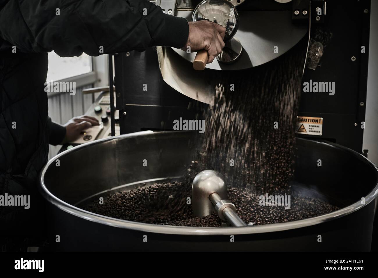 Freshly roasted coffee beans pouring from a large coffee roaster into ...