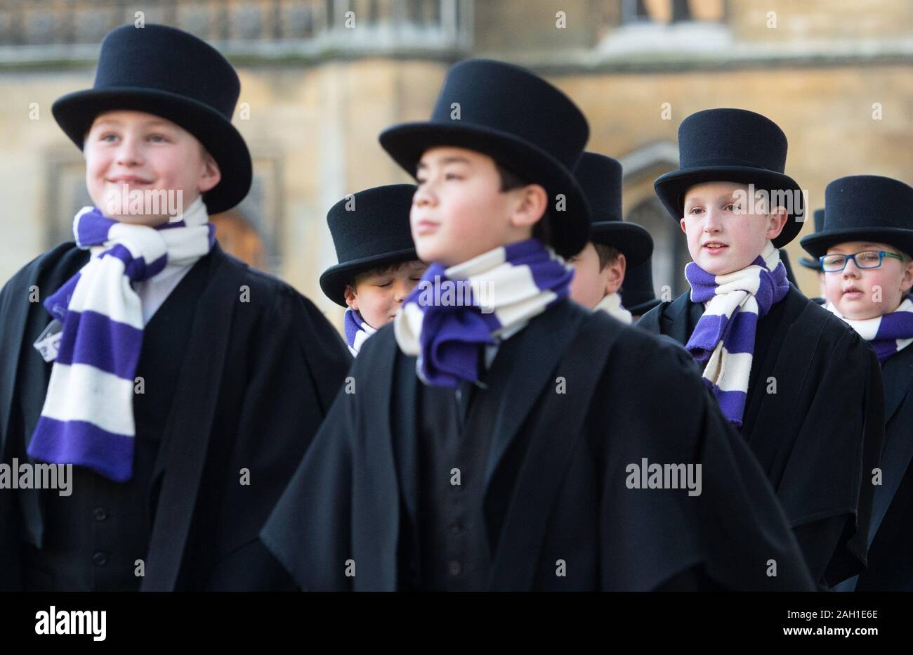 Choristers from the Choir of King's College on their way to a final rehearsal at King's College ...
