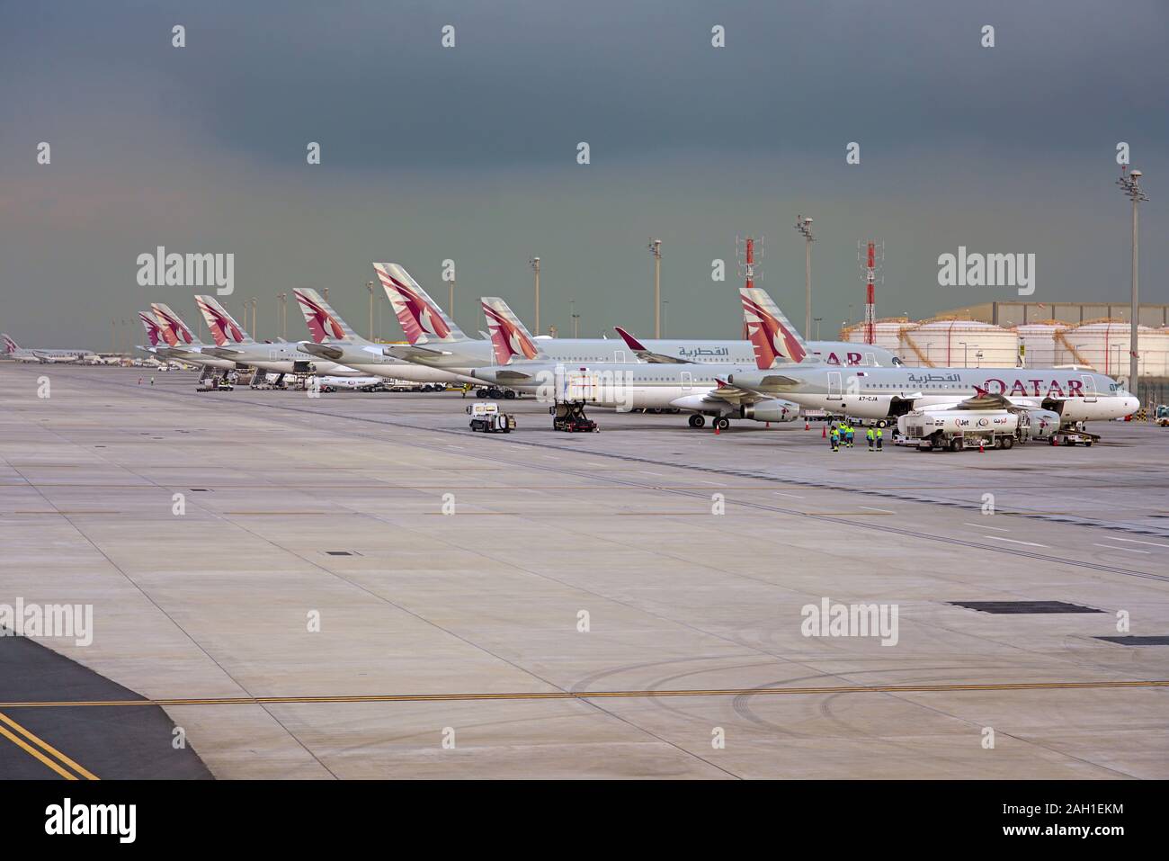 DOHA, QATAR -13 DEC 2019- View of an airplane from Qatar Airways (QR ...