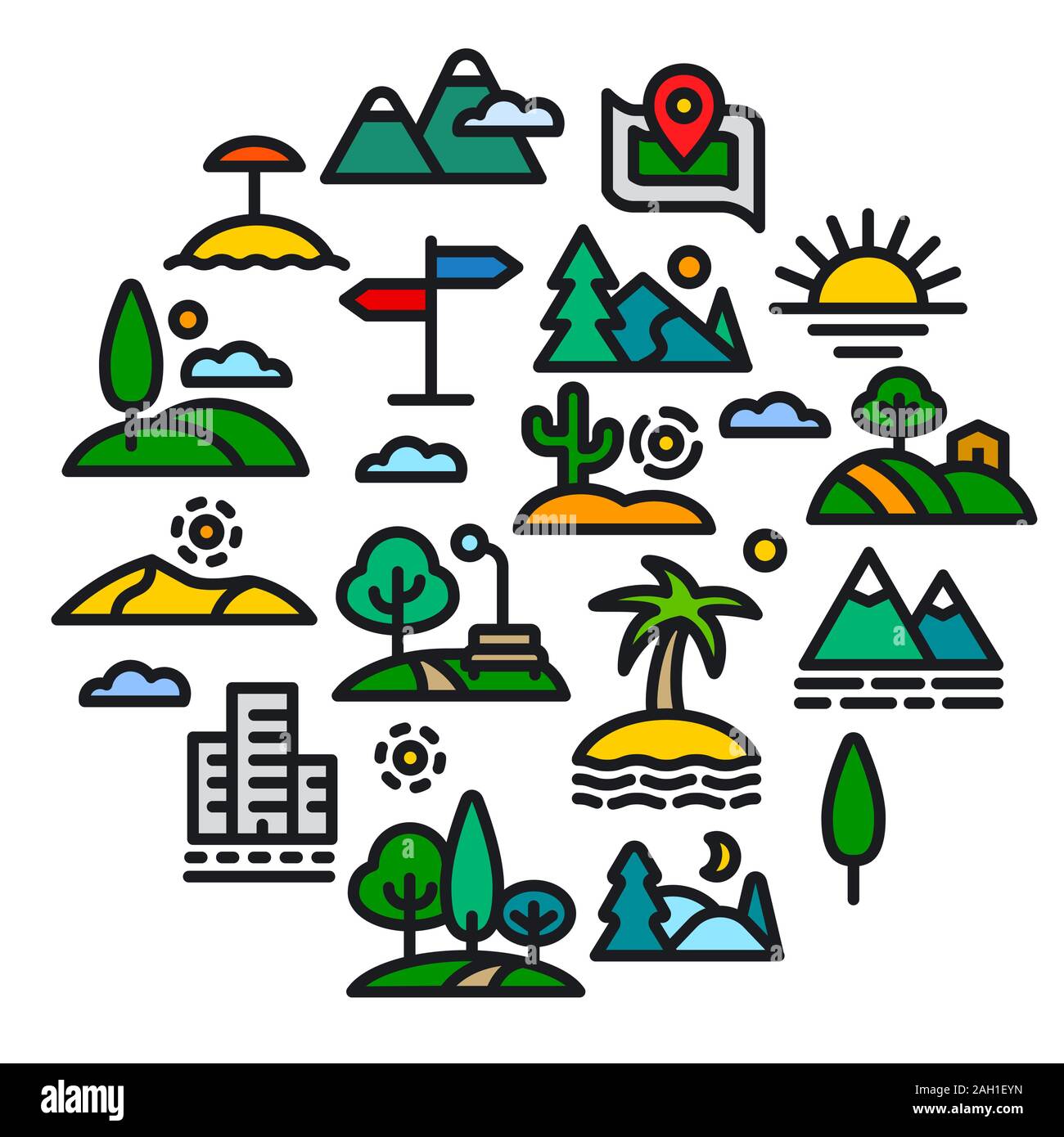 concept illustration of landscapes and nature icons set Stock Vector ...