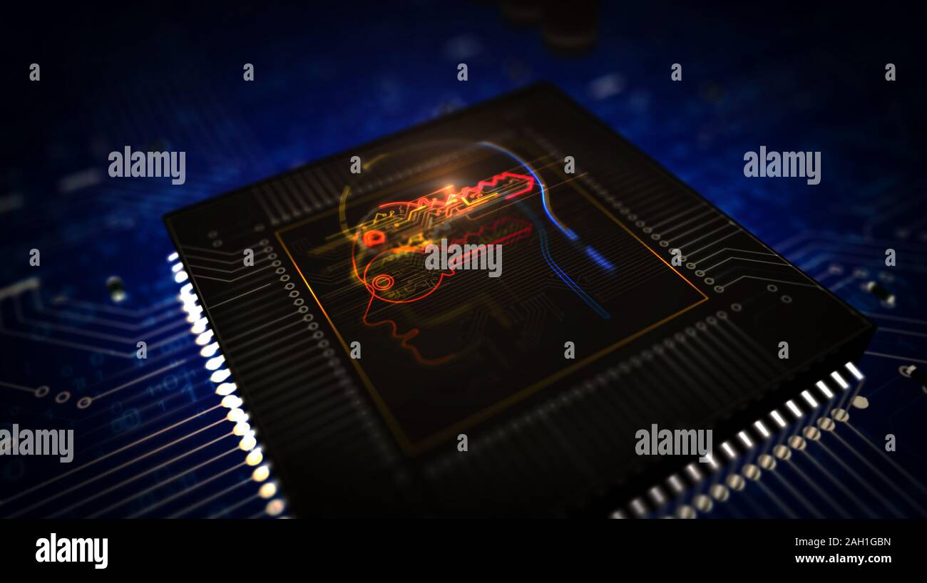 Futuristic cyber privacy key in head 3D rendered illustration. Concept ...