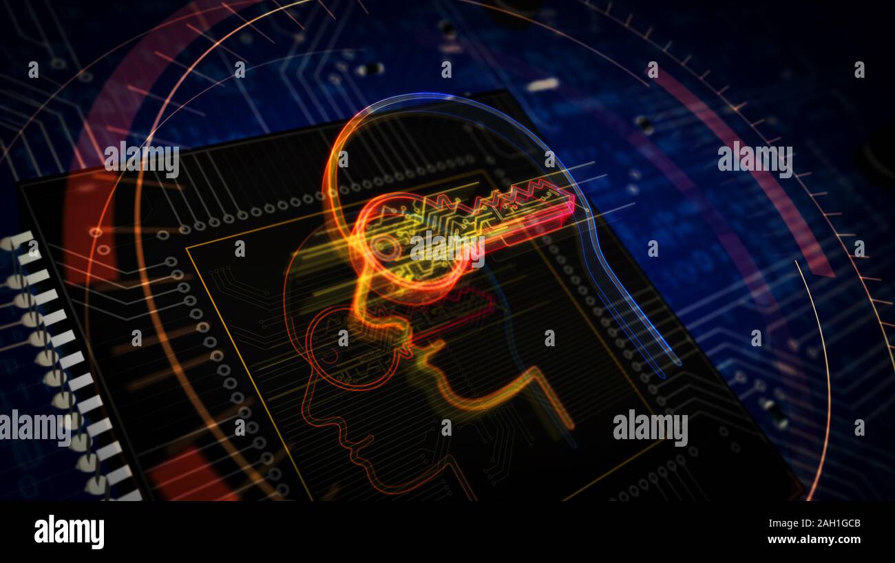 Futuristic cyber privacy key in head 3D rendered illustration. Concept ...