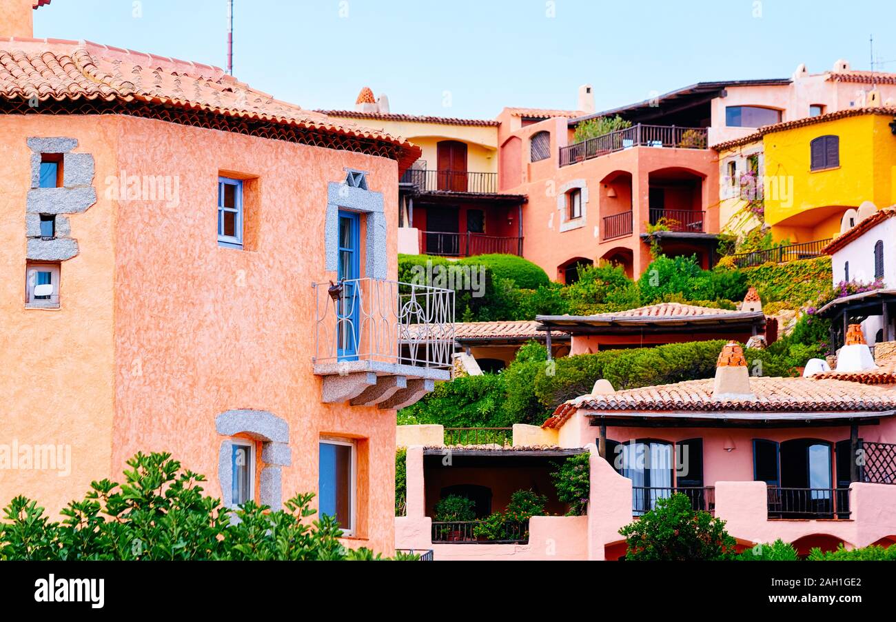 Windows and balconies of residential house complex of Porto Cervo ...