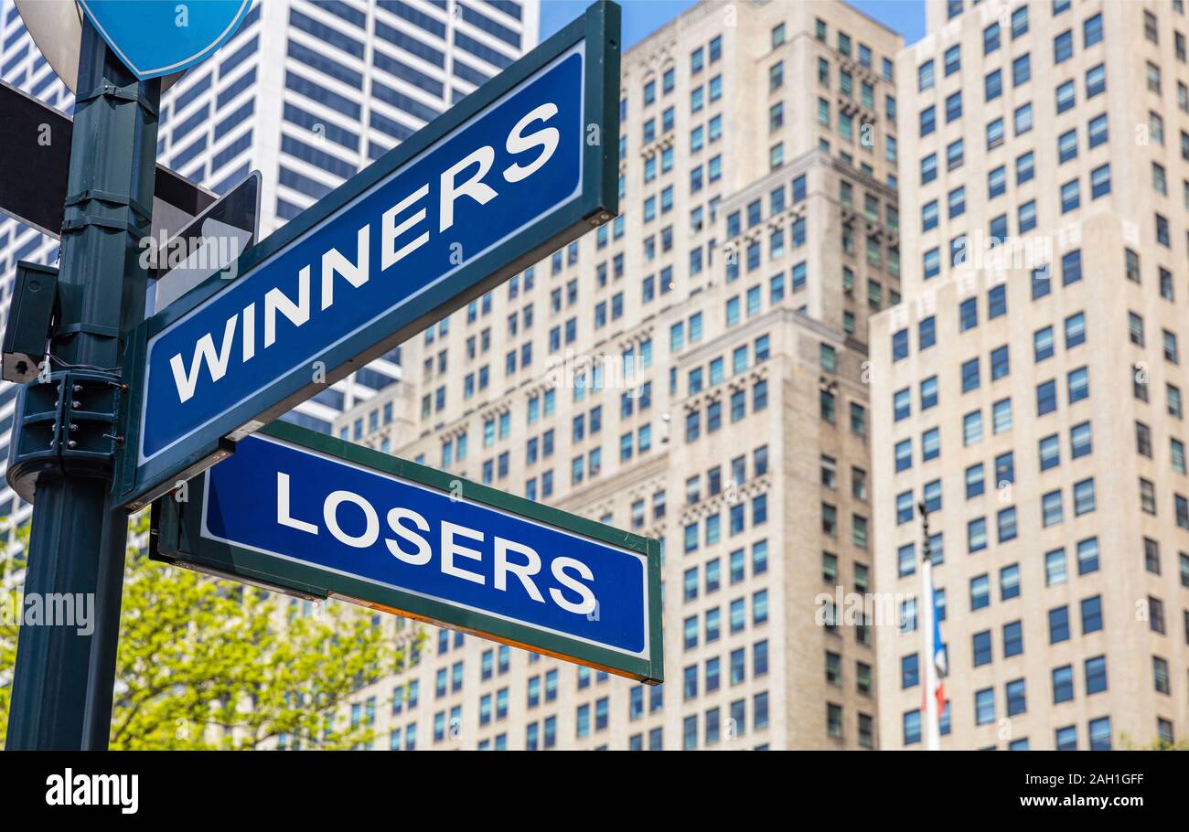 Winners losers crossroads street sign, blue color road sign. Win, lose ...