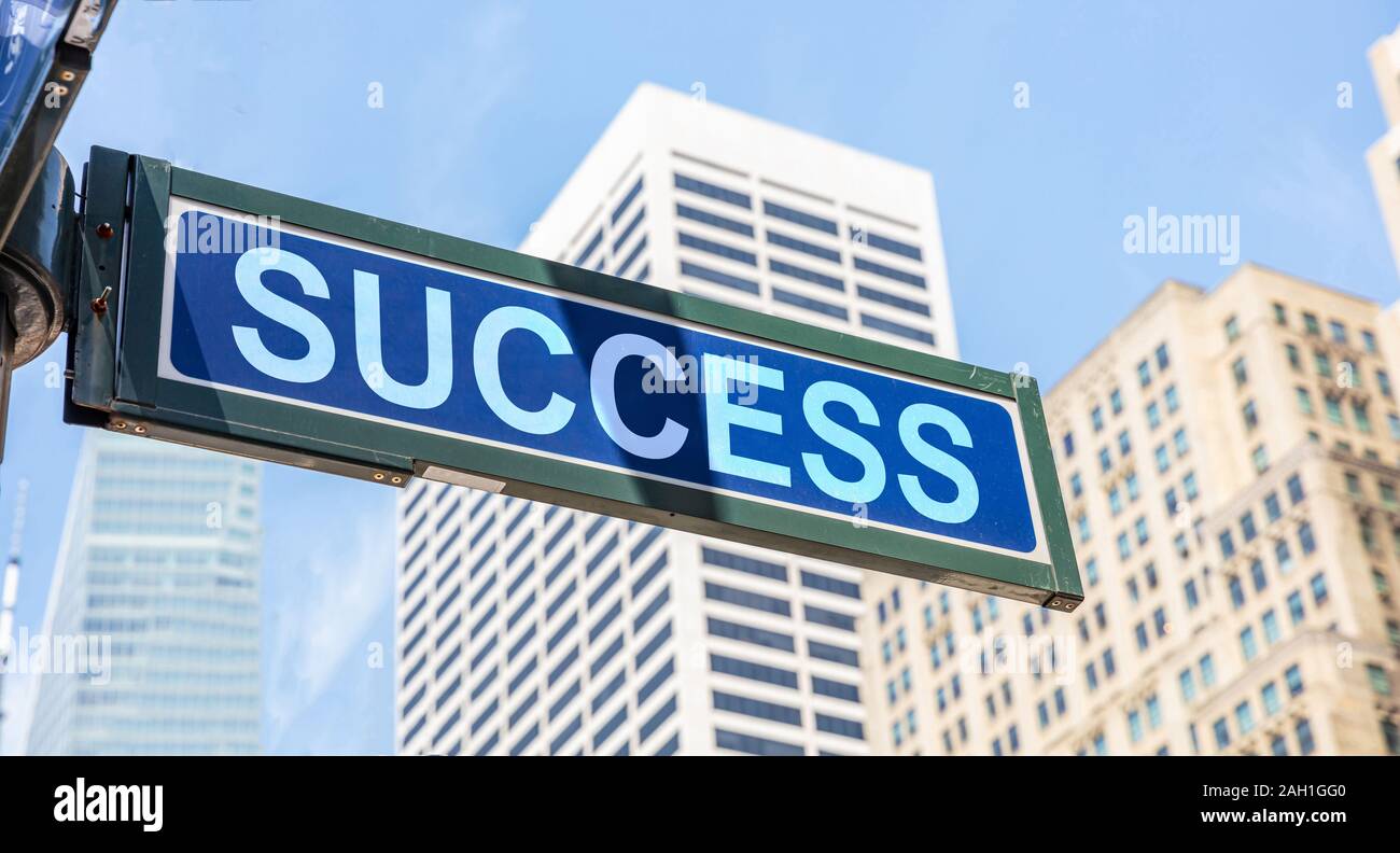 Success street sign, blue color road sign, text Success. Highrise ...