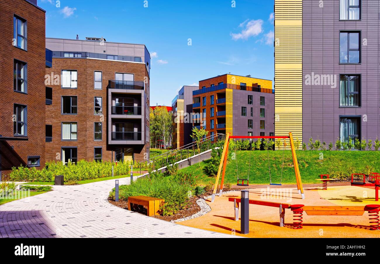 Children playing ground at Modern complex of residential buildings ...