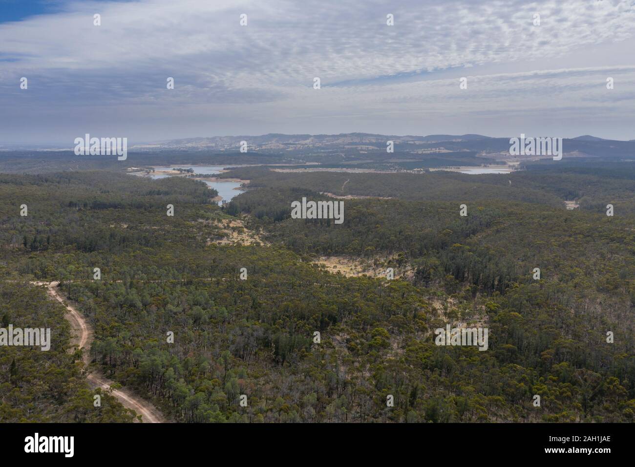Aerial photograph of a drought affected reservoir and landscape in ...