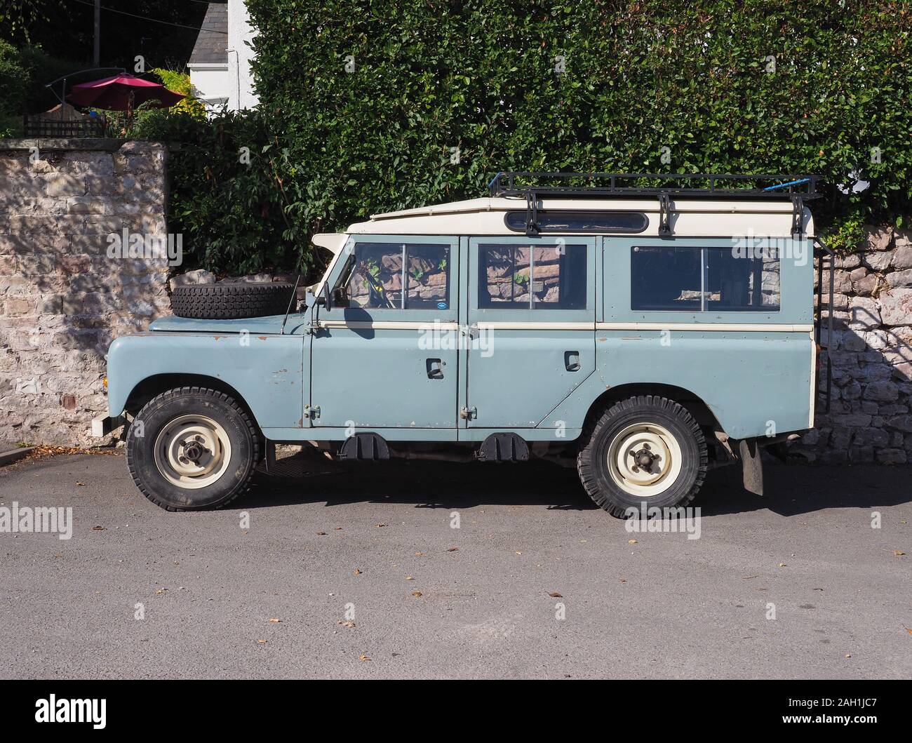 CHEPSTOW, UK - CIRCA SEPTEMBER 2019: light blue Land Rover Defender car ...