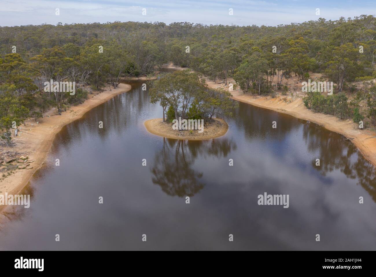 Aerial photograph of a drought affected water reservoir and mini island ...