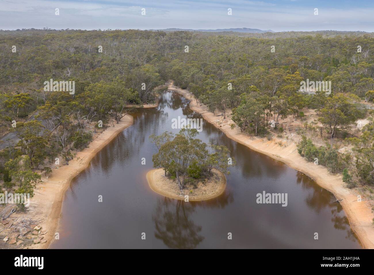 Aerial photograph of a drought affected water reservoir and mini island ...
