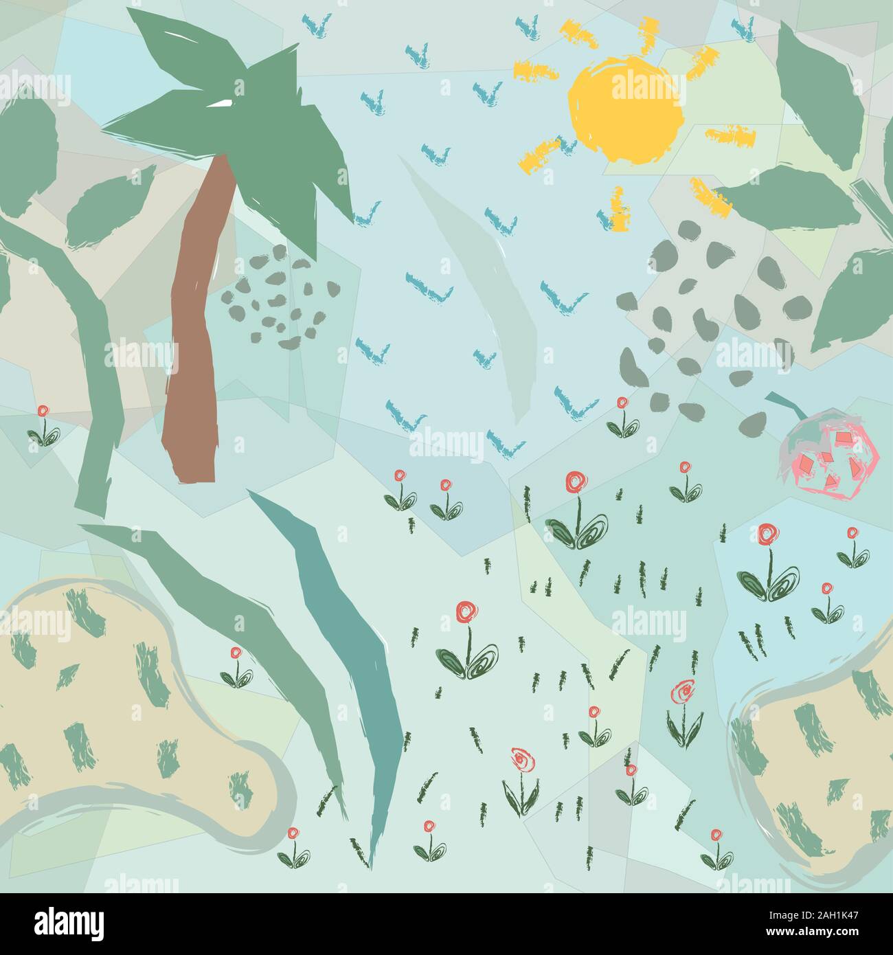 Cute seamless background with palms, field, sun, grass. Cute childish ...