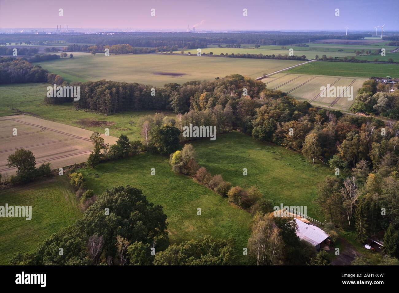 Aerial view of a typical North German cultural landscape with fields ...