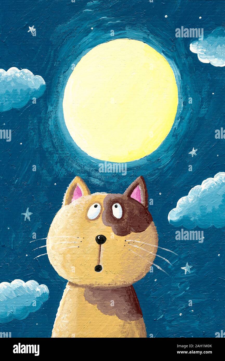 Acrylic illustration of acute cat looks at the moon - night scene Stock ...