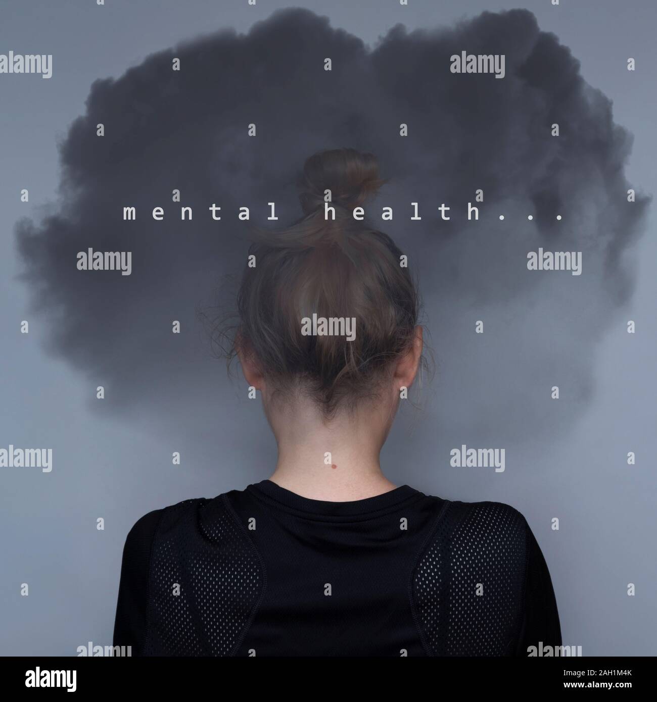 Girl with dark cloud on your head and text. Mental health care concept ...